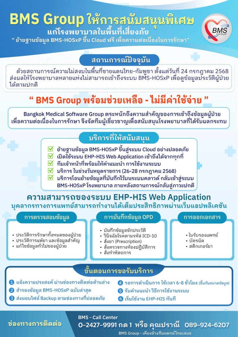 BMS Group ให้การสนับสนุนพิเศษแก่โรงพยาบาลในพื้นที่เสี่ยงภัย – BMS-HOSxP